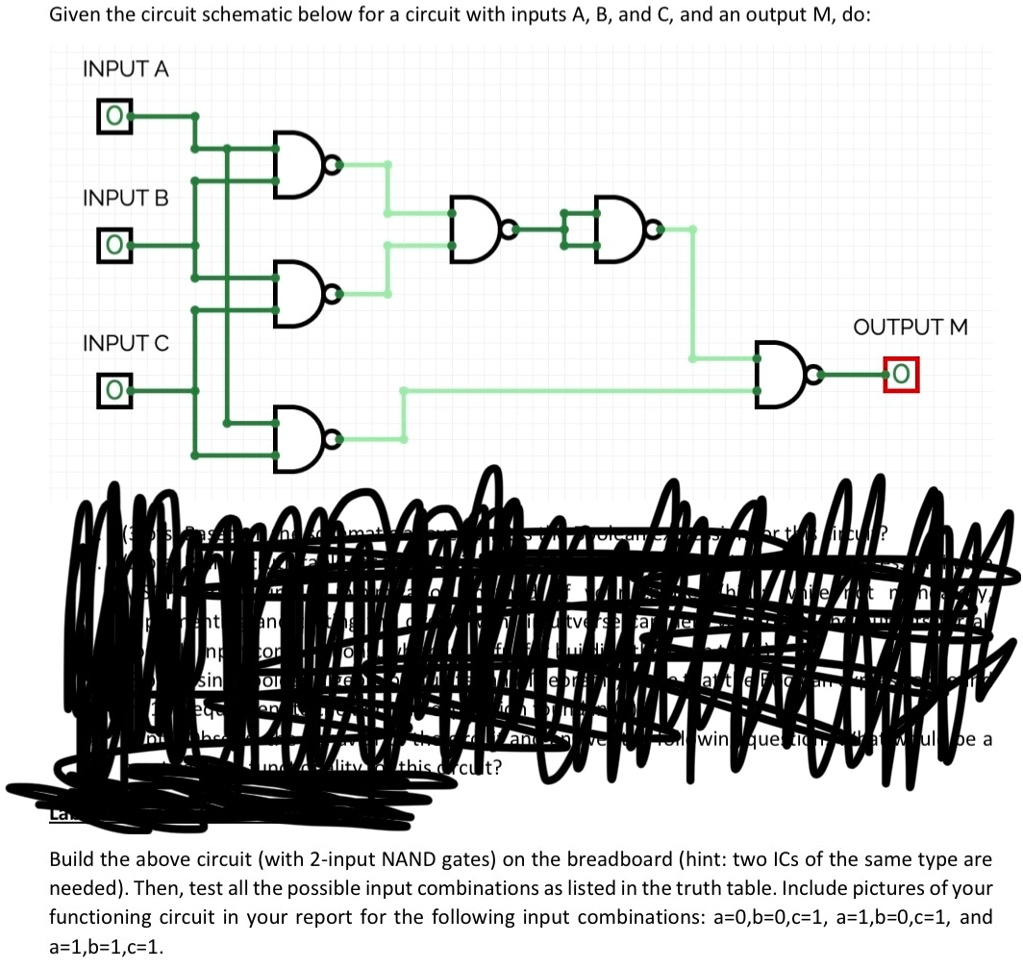 given the circuit schematic below for a circuit with inputs a b and c and an output m do input a ...