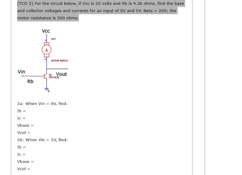 SOLVED: TCO 2 For the circuit below, if Vcc is 20 volts and Rb is 4.3k ohms, find the base and ...