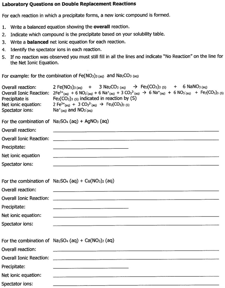 SOLVED: Laboratory Questions on Double Replacement Reactions For each ...
