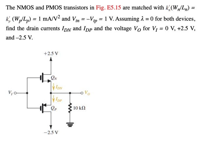The NMOS and PMOS transistors in Fig. E5.15 are matched with kn(Wn/Ln ...