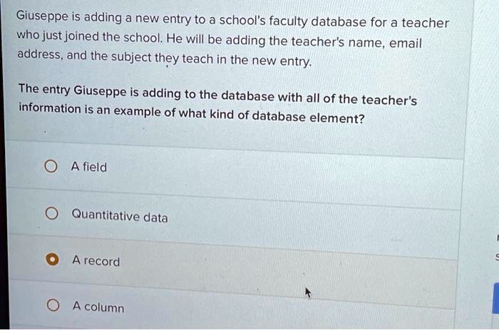 Giuseppe is adding a new entry to a school's faculty database for a ...