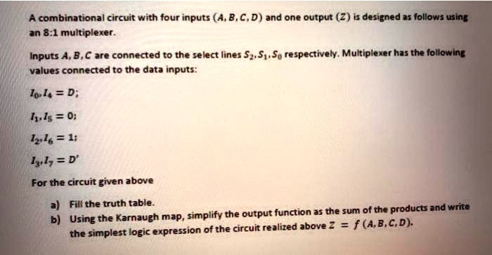 Solved A Combinational Circuit With Four Inputs A B C D And One Output Z Is Designed As 
