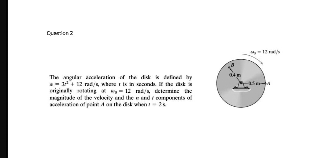 SOLVED: =12 rad/s B The angular acceleration of the disk is defined by Î± = 3t + 12 rad/s, where ...