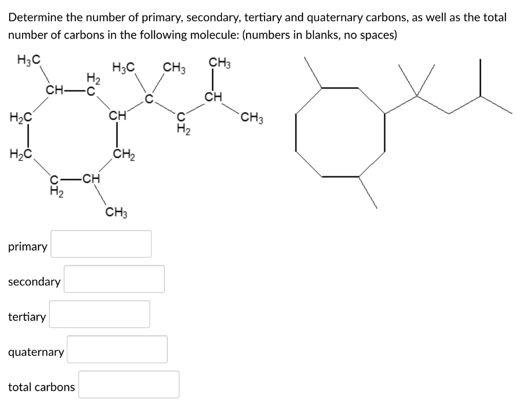SOLVED: Determine the number of primary; secondary; tertiary and quaternary carbons, as well as ...
