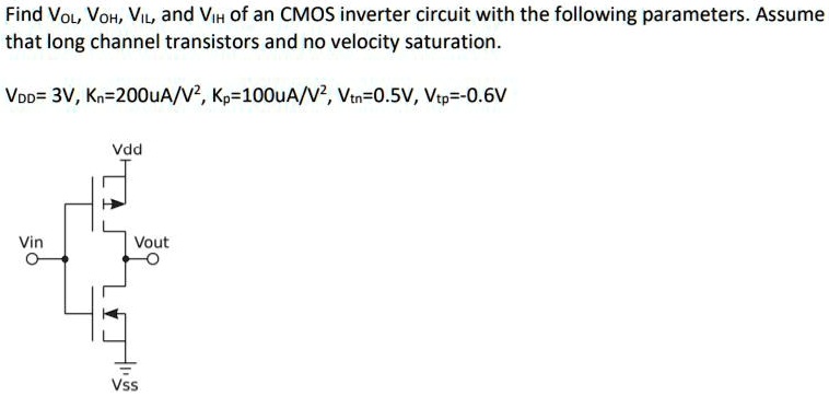 Find VOL, VOH, VIL, and VIH of an CMOS inverter circuit with the following parameters. Assume ...