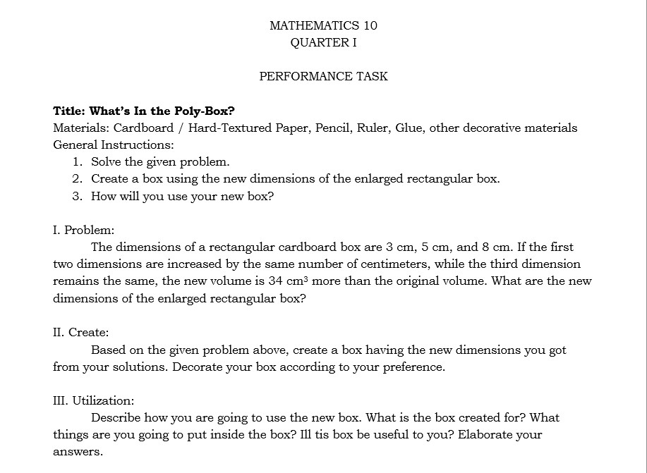 SOLVED: MATHEMATICS 10 QUARTER I PERFORMANCE TASK Title: What's In the ... SOLVED: MATHEMATICS 10 QUARTER I PERFORMANCE TASK Title: What's In the ...