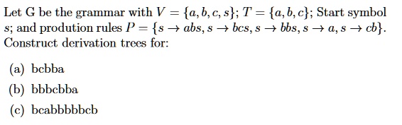 SOLVED: Let G be the grammar with V = a, b, c, s; T = a, b, c; Start ...