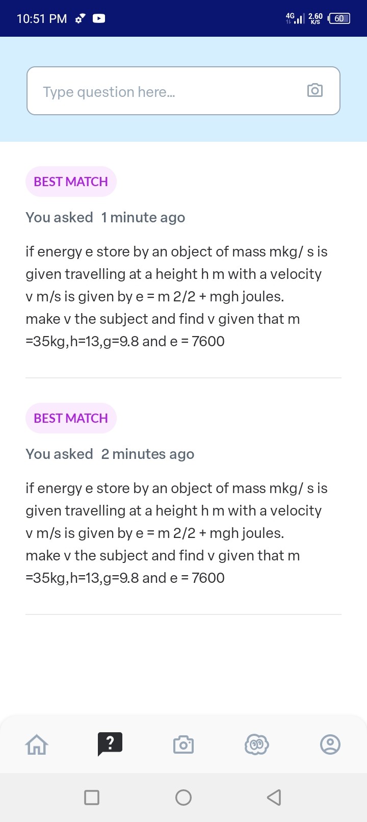 10:51 PM ? .16.11^46|K / s ^2,60 60 Type question here... BEST MATCH ...