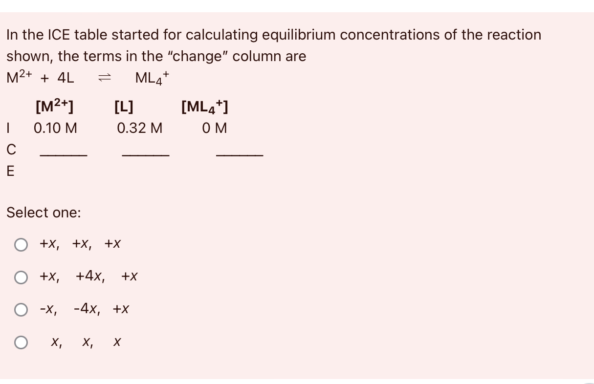 SOLVED: In the ICE table started for calculating equilibrium concentrations of the reaction ...