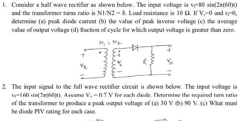 SOLVED: Consider a half-wave rectifier as shown below. The input voltage is Vr = 80 sin(260t ...