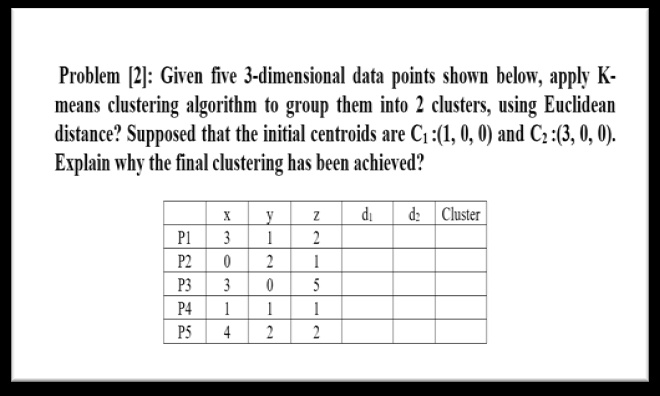 SOLVED: Problem [2]: Given five 3-dimensional data points shown below, apply K- means clustering ...