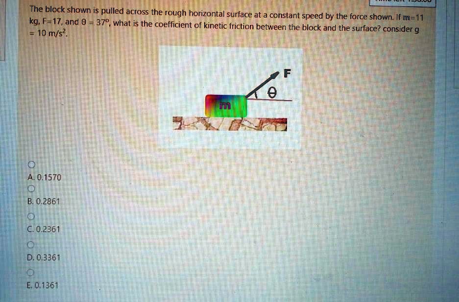 SOLVED: The block shown is pulled across the rough horizontal surface at a constant speed by the ...