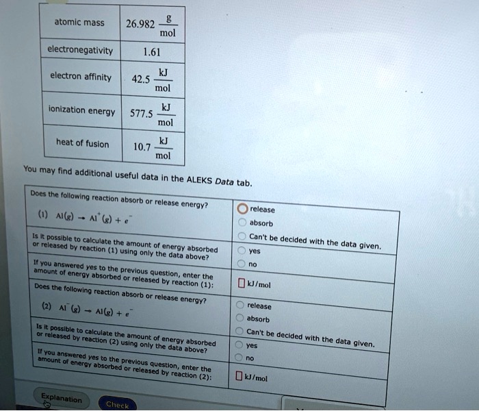 atomic mass 26982 mol electronegativity 161 electron affinity 425 mol ...