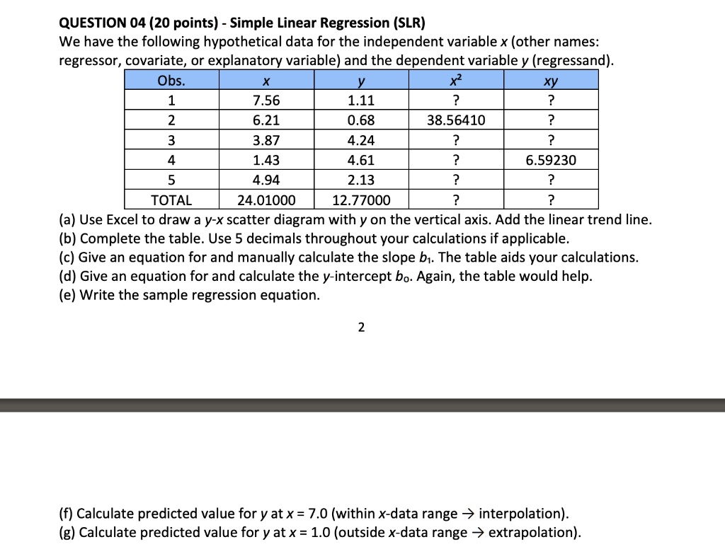 Solved Question 04 20 Points Simple Linear Regression Slr We Have The Following