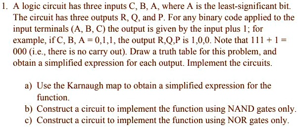 SOLVED: A logic circuit has three inputs C, B, A where A is the least-significant bit. The ...