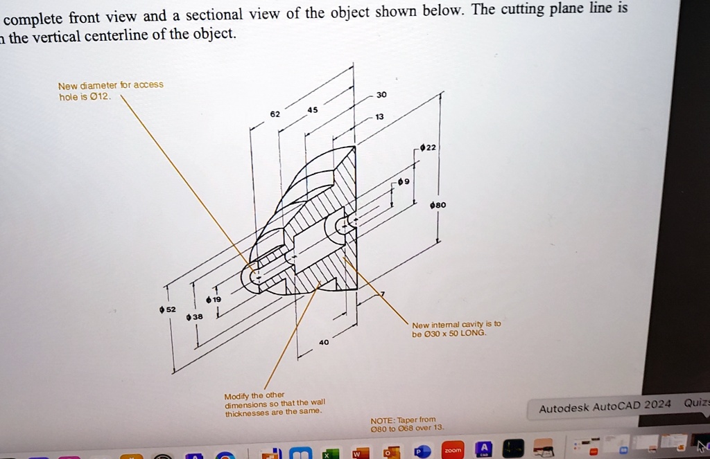 Complete front view and a sectional view of the object shown below. The ...