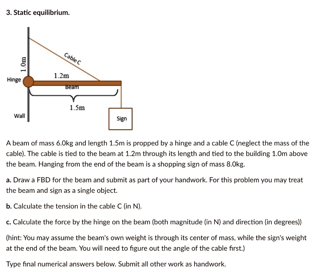 3 static equilibrium hinge 12m beam 1sm wall sign a beam of mass 60kg ...