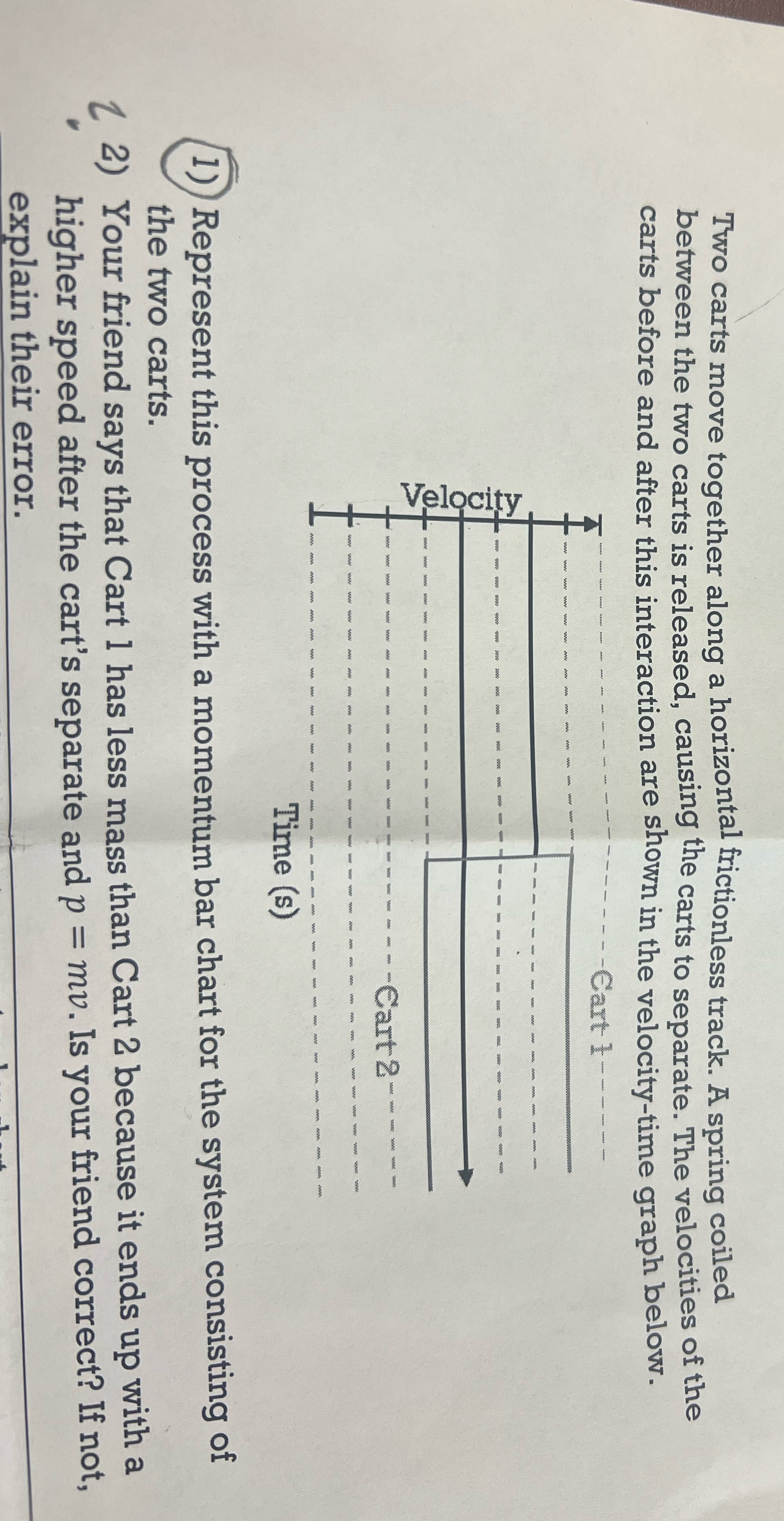 SOLVED: Two carts move together along a horizontal frictionless track. A spring coiled between ...
