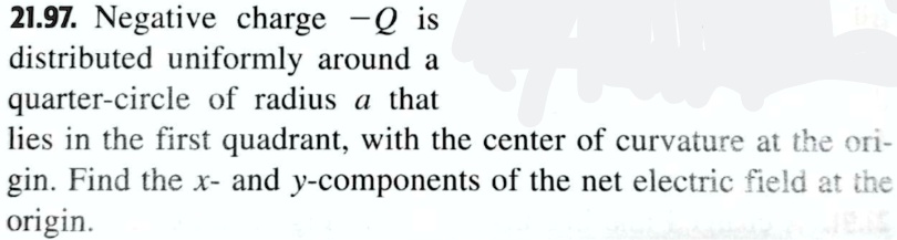 SOLVED: 21.97. Negative charge -Q is distributed uniformly around quarter-circle of radius that ...