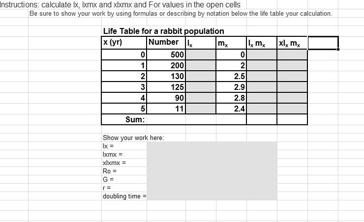 SOLVED: Instructions: Calculate lx, lxmx, and xlxmx and insert values in the open cells. Be sure ...