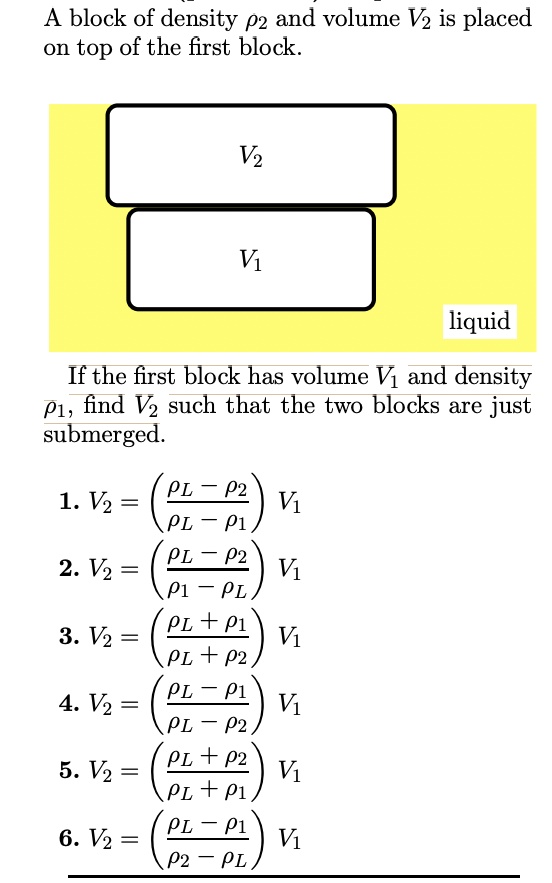 A block of density ρ2 and volume V2 is placed on top of the first block. V2 V1 liquid If the ...