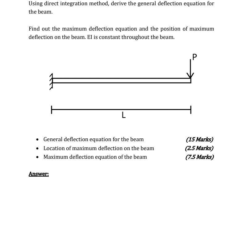 SOLVED: Using direct integration method, derive the general deflection equation for the beam ...