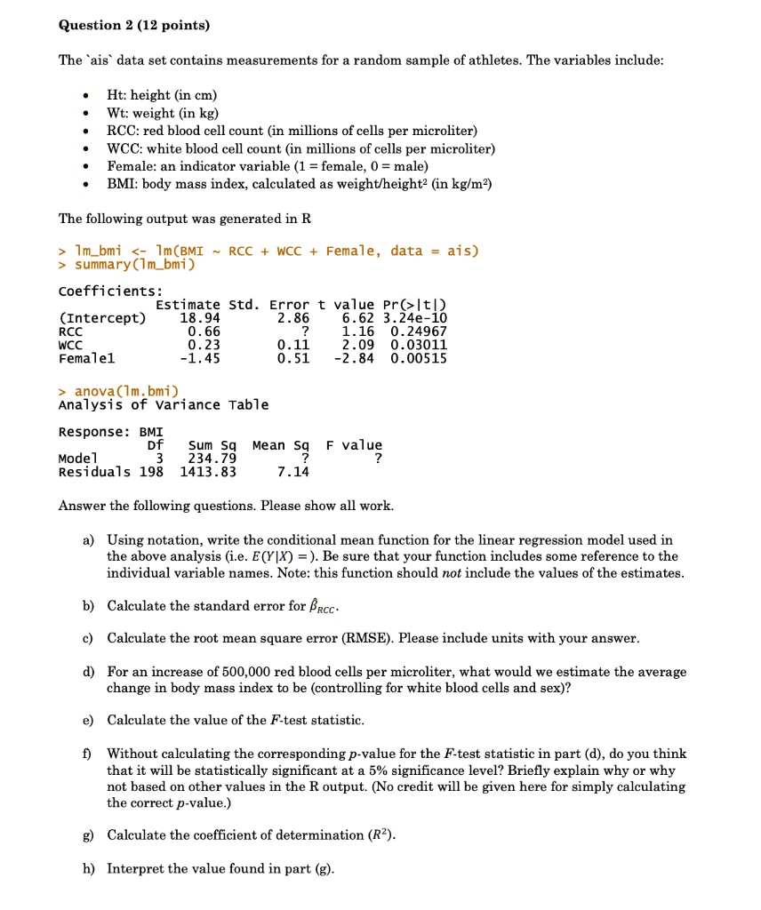 Solved Question 2 12 Points The Ais Data Set Contains Measurements 9826