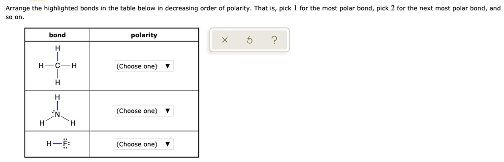 SOLVED:Arrange the highlighted bonds in the table below in decreasing ...