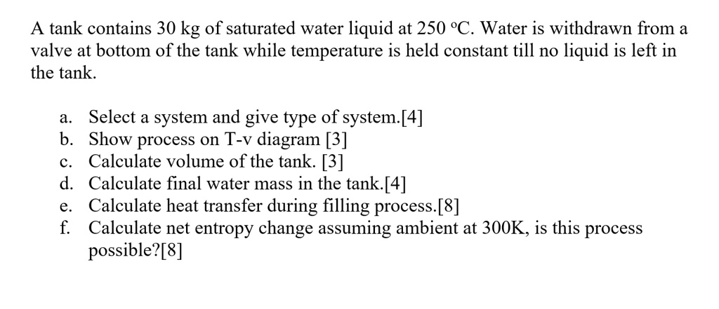 SOLVED: A tank contains 30 kg of saturated water liquid at 250 C. Water ...