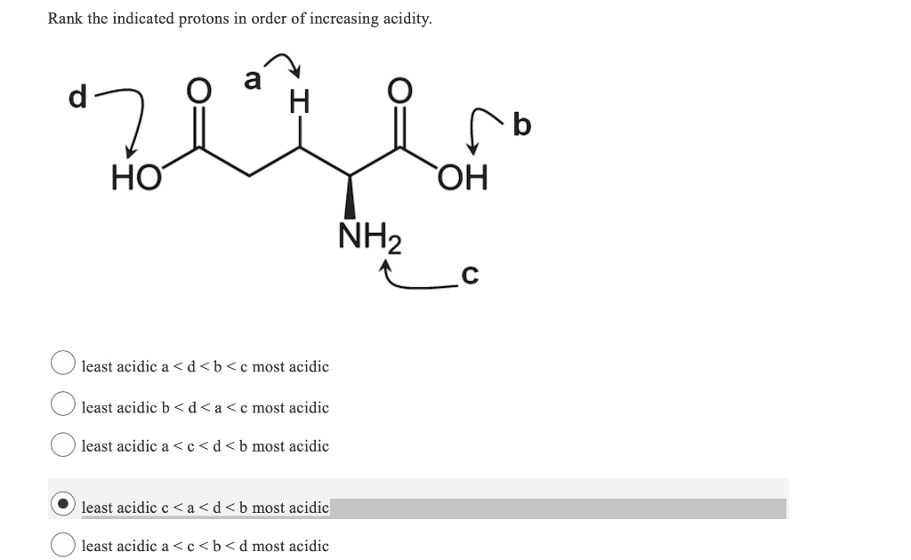 SOLVED: Rank thc indicated protons in order of increasing acidity: a d - HO OH NHz C least acidic a