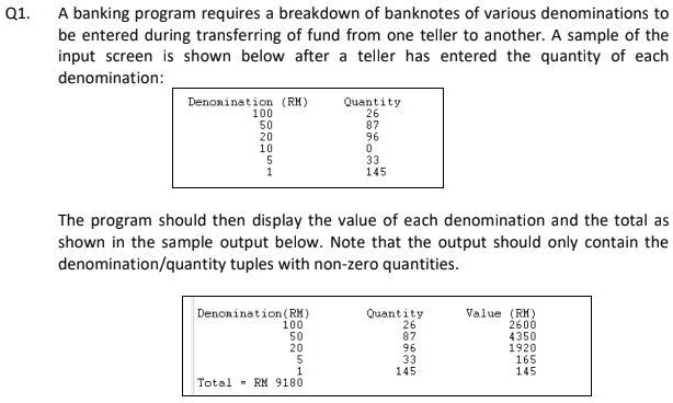 SOLVED: A banking program requires a breakdown of banknotes of various ...
