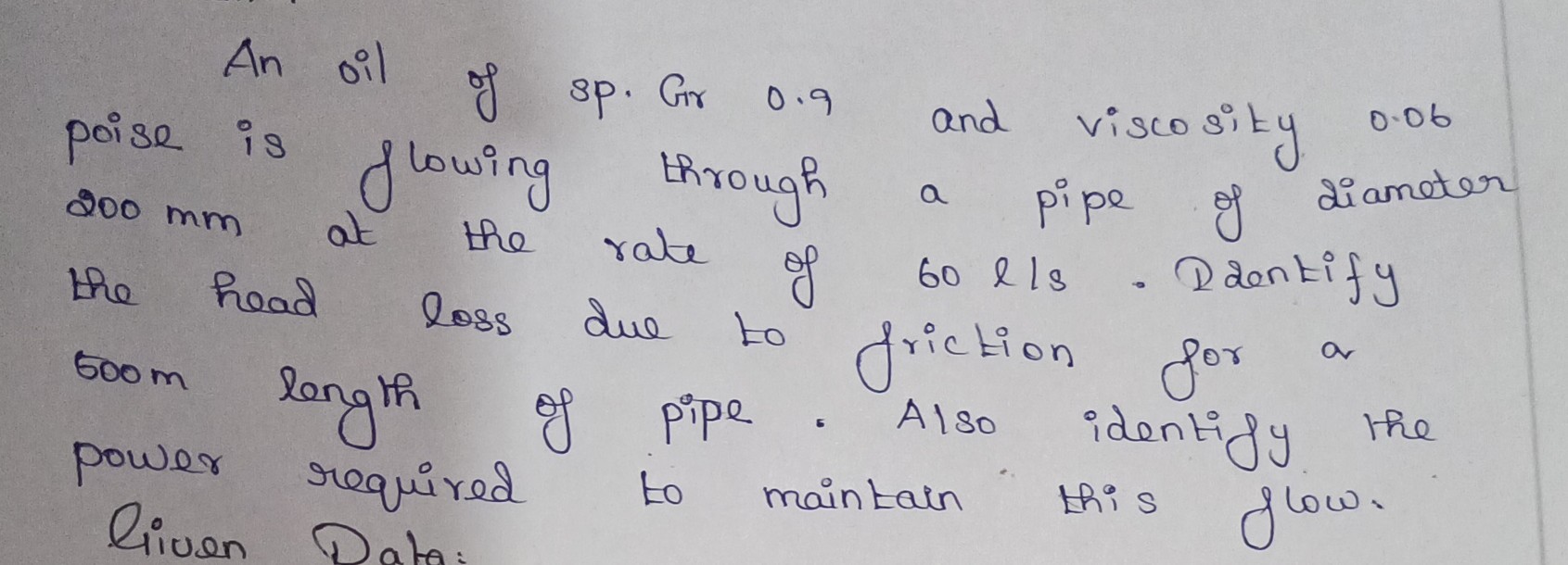 an oil of sp gr 09 and viscosity 006 poise is flowing through a pipe of ...