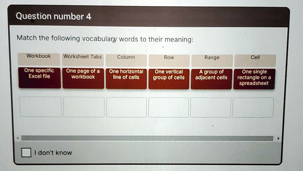 SOLVED: Question number 4 Match the following vocabulary words to their ... SOLVED: Question number 4 Match the following vocabulary words to their ...