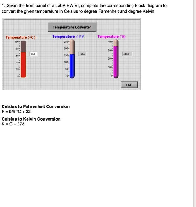 1. Given the front panel of a LabVIEW VI, complete the corresponding Block diagram to convert ...