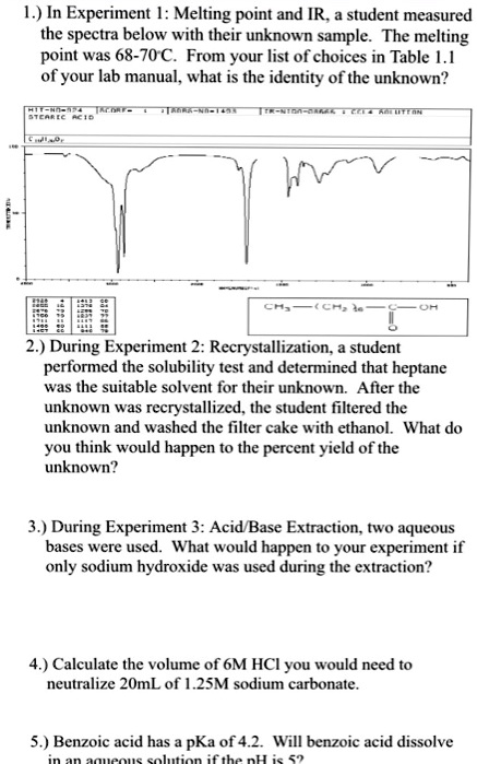 1.) In Experiment 1: Melting point and IR, a student measured the ...