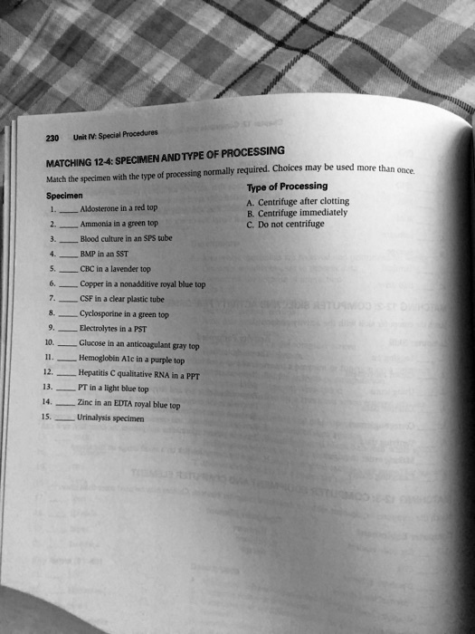 SOLVED: 230Unit V:Special Procedures MATCHING 12-4:SPECIMEN AND TYPE OF ...