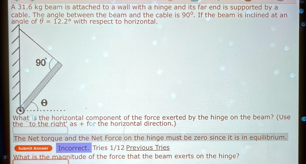 a 316 kg beam is attached to a wall with a hinge and its far end is ...