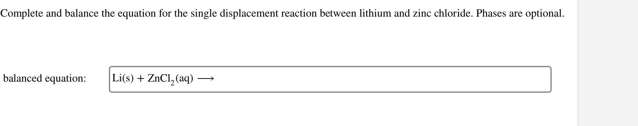 complete and balance the equation for the single displacement reaction ...