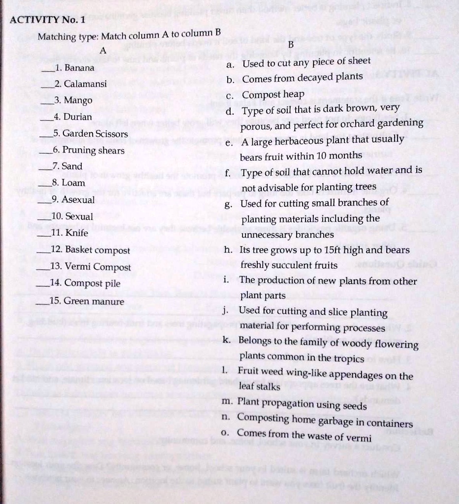 SOLVED: TLE Agriculture Grade 6 ACTIVITY No. 1 Matching type: Match ...