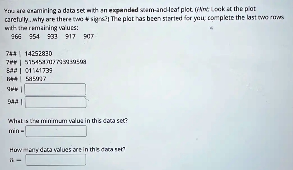 SOLVED: You are examining a data set with an expanded stem-and-leaf plot (Hint: Look at the plot ...
