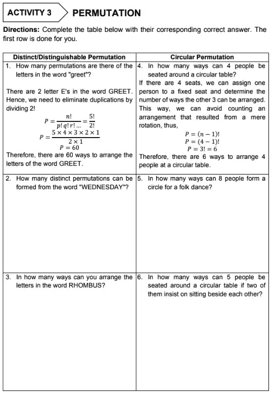 SOLVED: Text: Activity 3 PERMUTATION Directions: Complete the table ...
