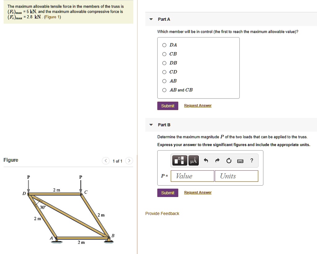 SOLVED:The maximum allowable tensile force in the members of the truss ...