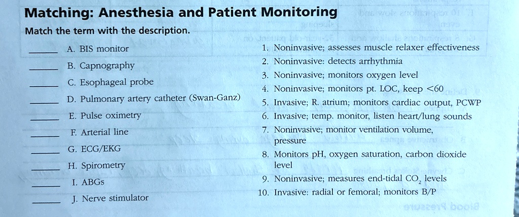 matching anesthesia and patient monitoring match the term with the ...