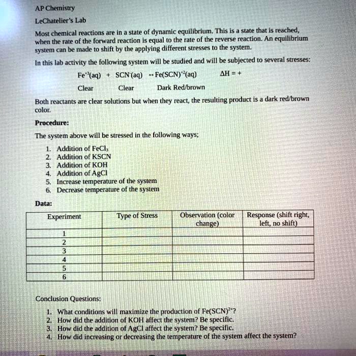 SOLVED: AP Chemistry Le Chatelier's Lab Most chemical reactions are in ...
