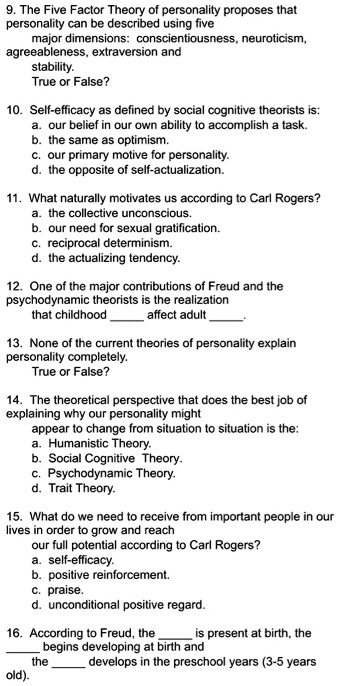 9the five factor theory of personality proposes that personality can be described using five ...