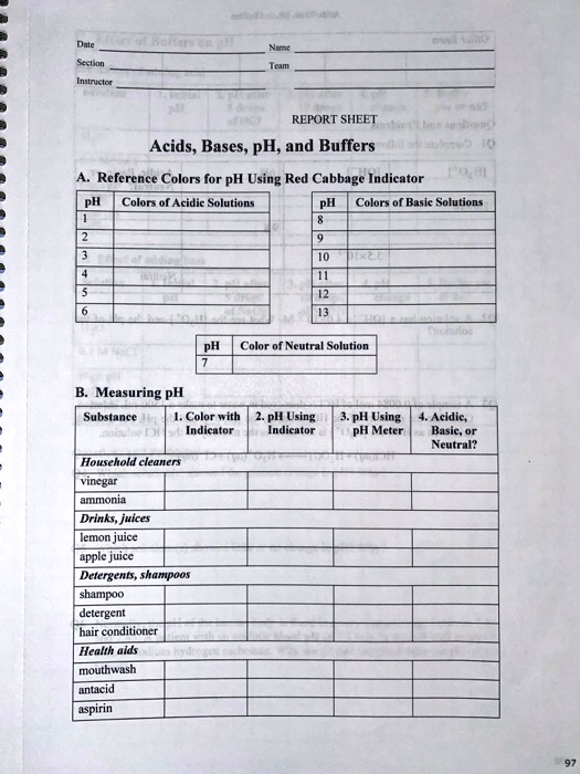 Date Section Instructor Name Team REPORT SHEET Acids, Bases, pH, and ...