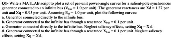 Solved Write A Matlab Script To Plot A Set Of Per Unit Power Angle Curves For A Salient Pole 3822