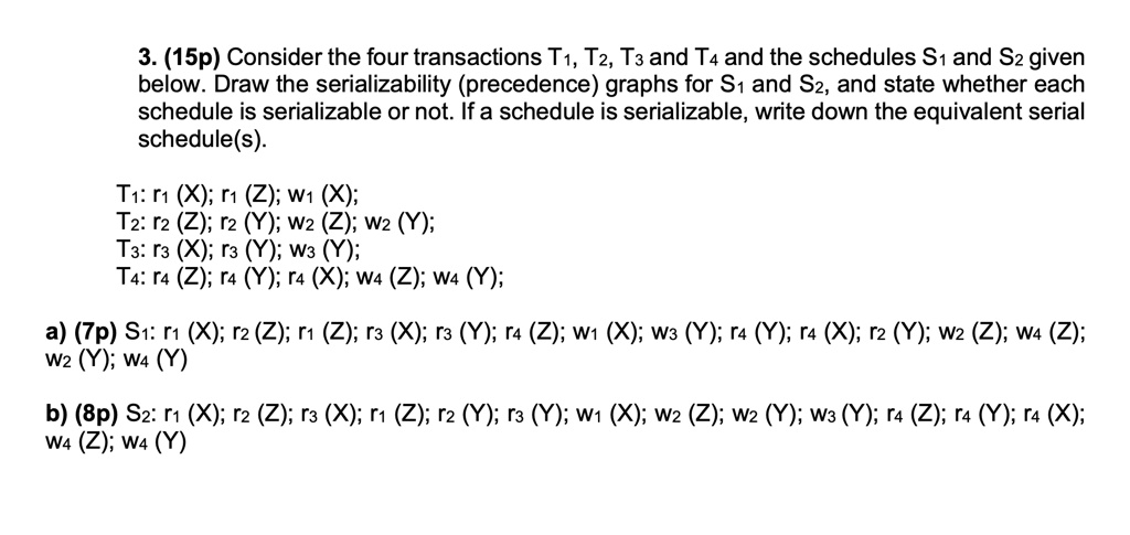 3. (15p) Consider the four transactions T1, T2, T3 and T4 and the schedules S1 and S2 given ...