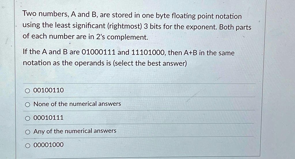 Solved Two Numbers A And B Are Stored In One Byte Floating Point Notation Using The Least 4310