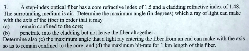 SOLVED: A step-index optical fiber has a core refractive index of 1.5 and a cladding refractive ...